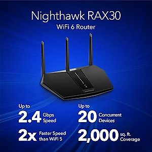 NETGEAR Nighthawk WiFi 6 Router (RAX30) 5-Stream Dual-Band Gigabit Router, AX2400 Wireless Speed (Up to 2.4 Gbps), Coverage Up to 2,000 sq.ft. and 20 Devices