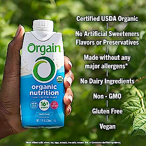 Orgain Organic Nutritional Vegan Protein Shake, Vanilla Bean - 16g Plant Based Protein, Meal Replacement, 21 Vitamins & Minerals, Fruits & Vegetables, Gluten Free, Non-GMO, 11 Fl Oz (Pack of 4)