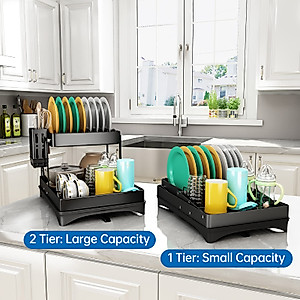 PXRACK Dish Drying Rack, Collapsible 2 Tier Stainless Steel Dish Rack and Drainboard Set for Kitchen Counter, Large Rustproof Dish Drainer with Removable Water Tray, Utensil Holder, Black