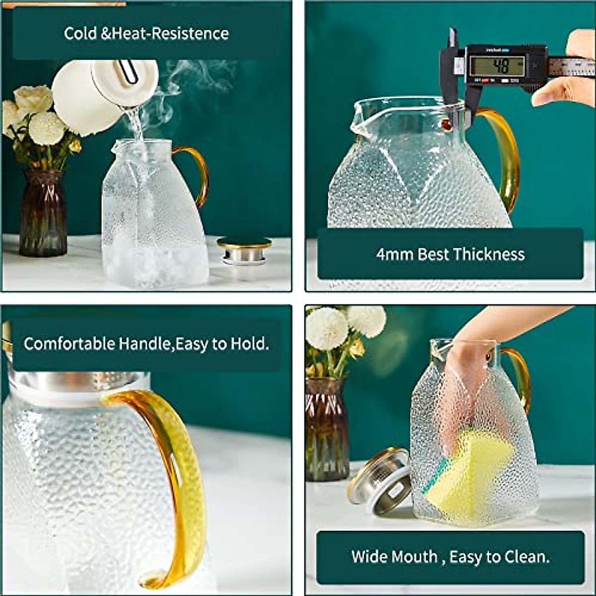 Fridge Pitcher, 64 oz/1800ml Glass Pitcher With Lids for Fridge, Ice Tea Pitcher, Great for Juice, Milk, Coffee, Lemonade - Heat Resistant Borosilicate Glass Jug