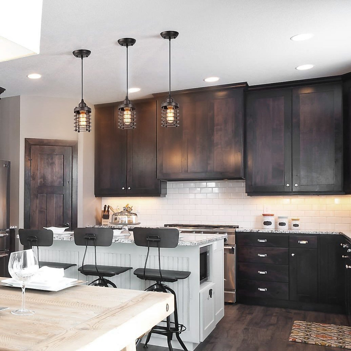 WINSOON 3 Pack Pendant Light Fixture Industrial Rustic Metal Cage Hanging Kitchen Island Lighting Shade for Farmhouse Dining Room Black Ceiling Lamp