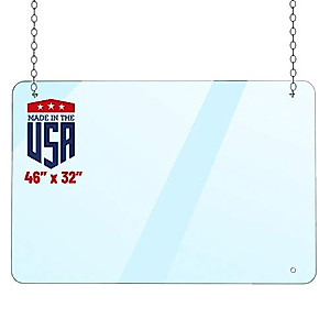Hanging Sneeze Guard, Protective Shield for Counter, Plexiglas Countertop Shield Barrier for Receptionist, Cashier, Office, Grocery, Retail Store. Multiple Sizes with Hanging Accessories (46" x 32")