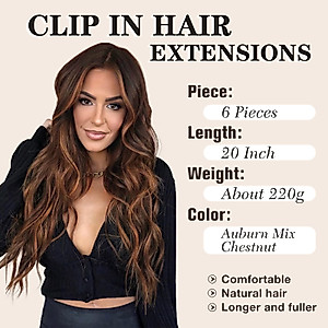 NAYOO Clip in Hair Extensions for Women 20 Inch Long Wavy Curly Auburn Mix Chestnut Hair Extension Full Head Synthetic Hair Extension Hairpieces(6PCS,Auburn Mix Chestnut)