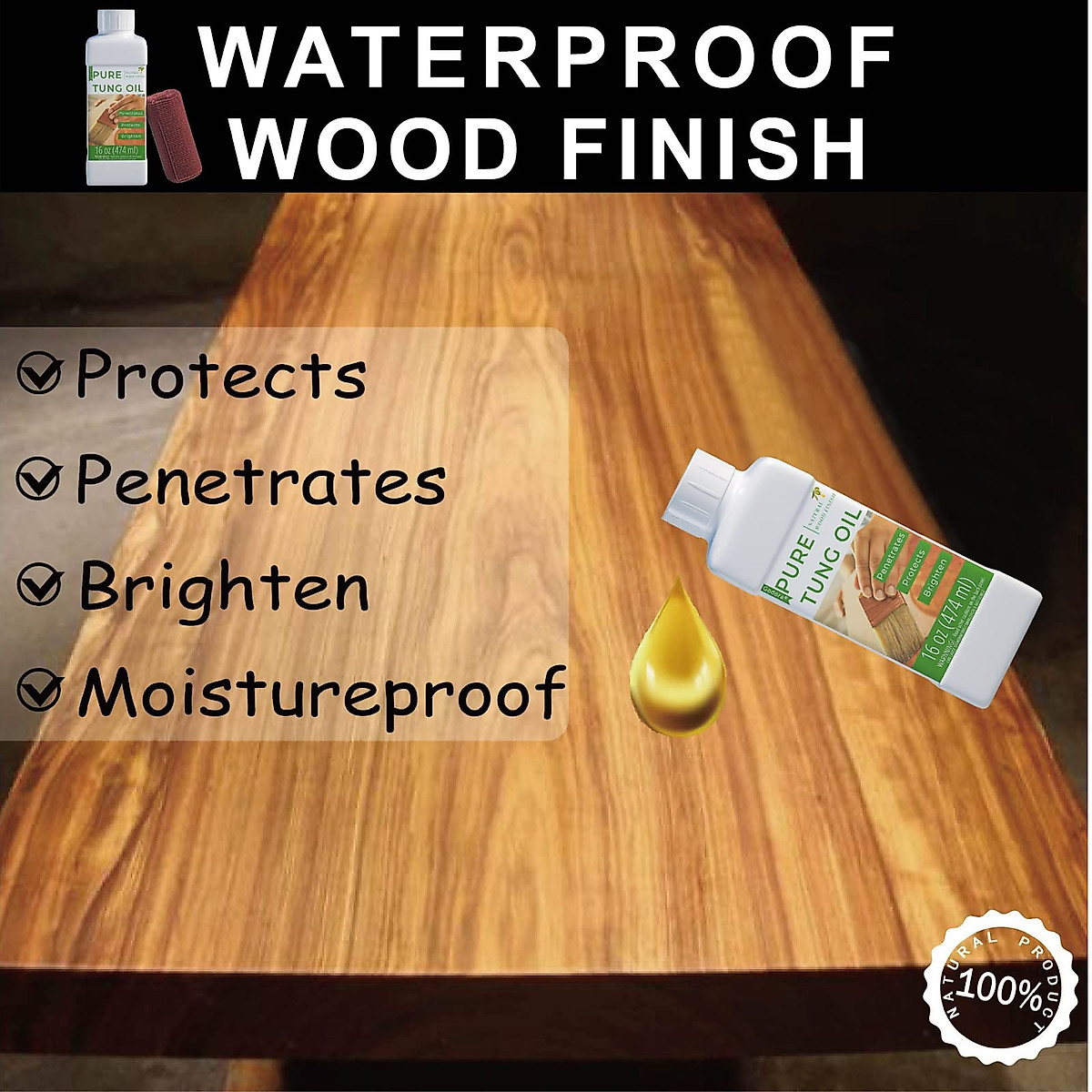 Godora 16 oz Pure Tung Oil for Wood Finishing, Wood Sealer for Indoor & Outdoor Favored by Craftsmen, Waterproofing Tung Oil for Wood Products, Perfect Food Safety Tung Oil for Furniture & Countertops