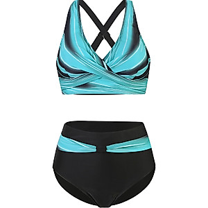 SEAFORM Womens Two Piece Swimsuits Wrap Front Bikini High Waisted Bottom Tummy Control Bathing Suits Vintage Print Swimwear Blue Stripes