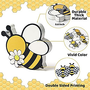 WATINC 4PCS Bee Tiered Tray Decor, Summer Wooden Table Centerpiece Sign, Double-sided Bees Printed Wood Tabletop Signs, Rustic Farmhouse Table Decoration for Holiday Home Honey Party Supplies