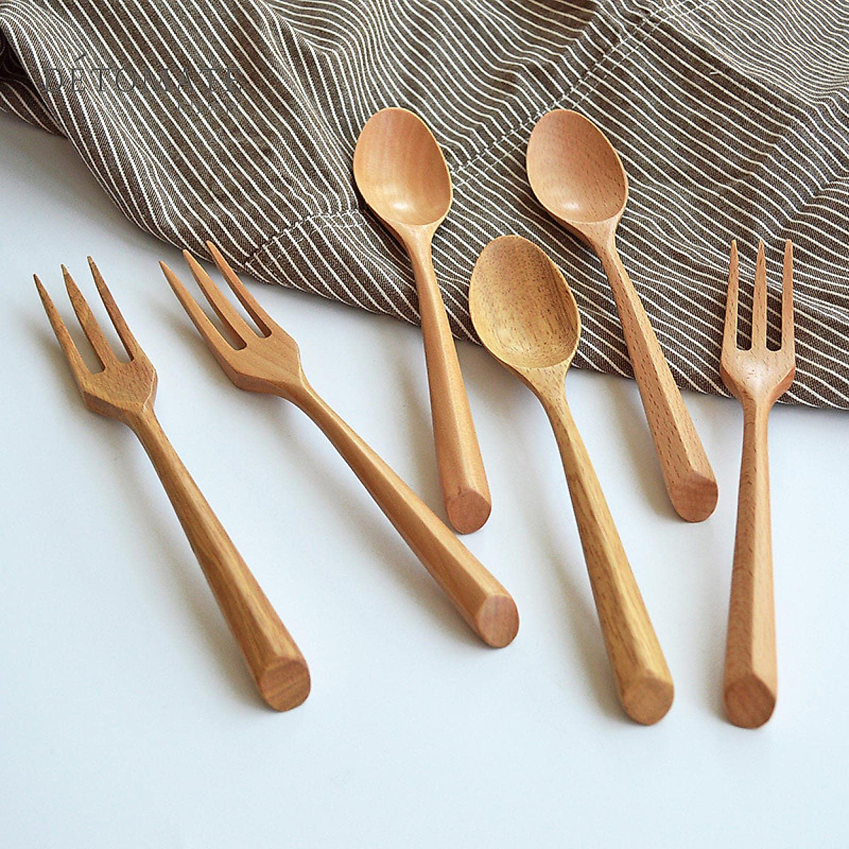 PIKETU Triangular Handle Wooden Spoon Fork Set Dessert Wooden Spoon Wooden Fork Student Portable Spoon Fork