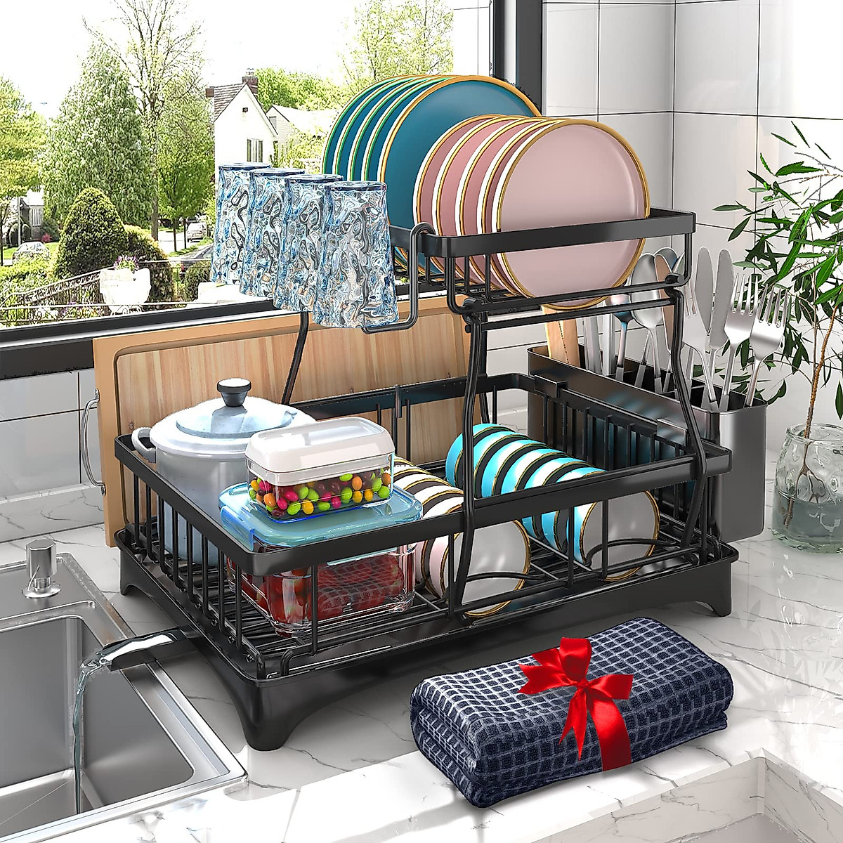 Godboat Dish Drying Rack, Dish Rack with Extra Drying Mat, 2-Tier Dish Racks for Kitchen Counter, Kitchen Gadgets with Drainboard & Utensil Hooks, Kitchen Organization & Decor, Gifts for Women & Men