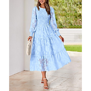 BTFBM Casual Women's 2025 Fall Dresses Elegant Wedding Guest Dress Long Sleeve Floral Midi Dress Flowy Bohemian Long Dress(Blue,X-Large)