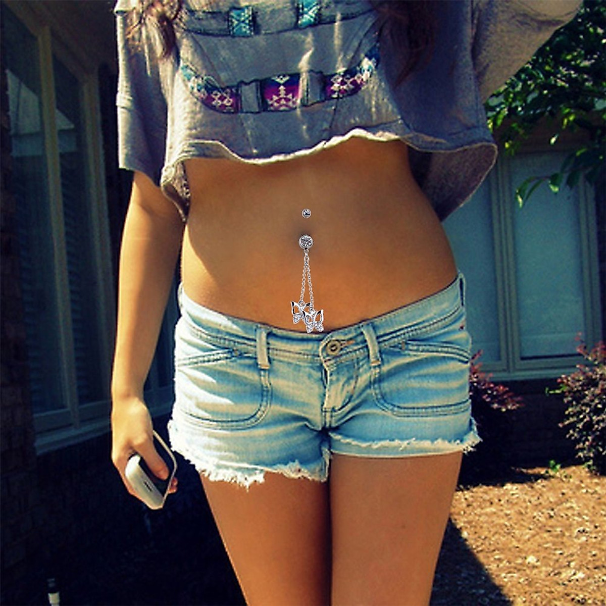 Mutreso Navel Ring Belly Button Rings Surgical Steel Sexy Butterflies Dangle Curved Barbell Bananabell Piercing Jewelry