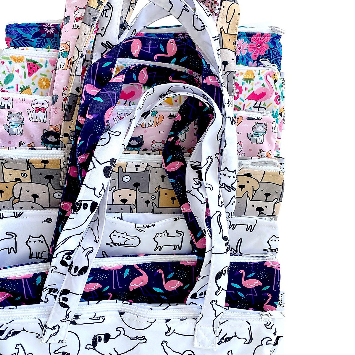 FLOCK THREE 2pcs Wet Dry Bag Waterproof Tote Reusable Wet Clothes Baby Diapers Stroller Swimsuit Travel Small Larger Electronics Toiletries Pouch Cute Dogs