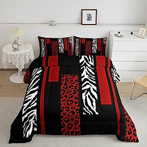 Leopard Print Comforter Set Queen Size,Zebra Skin Stripes Rustic Farmhouse Bedding Set,Girls Women Room Decor,Geometric Square Patchwork Down Comforter,Red Black Fashion Duvet Insert,2 Pillowcases