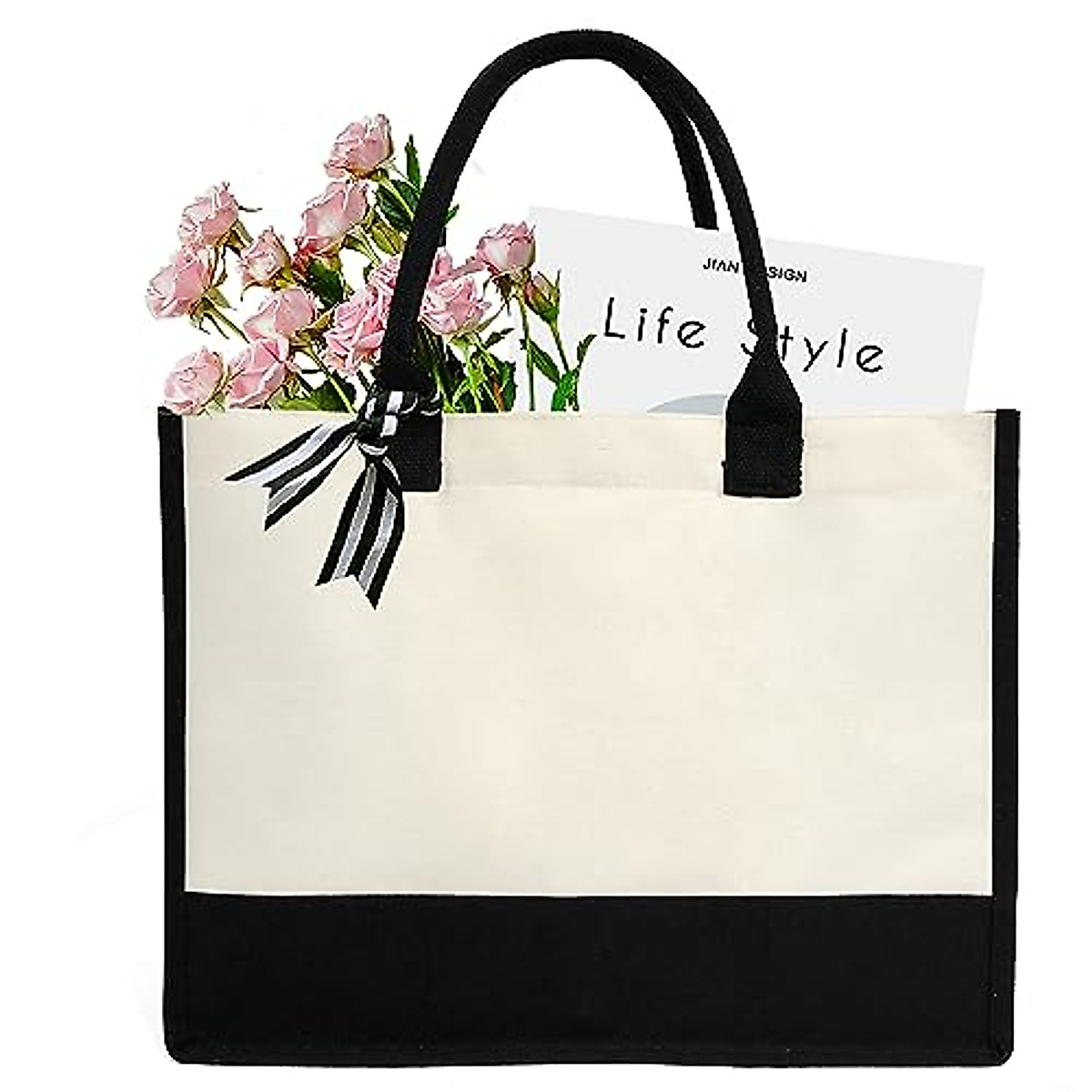 DEEZOMO Personalized Initial Canvas Tote Bag for Women, Beach Bag with Inner Zipper Pocket for Wedding, Birthday, Holiday - Blank