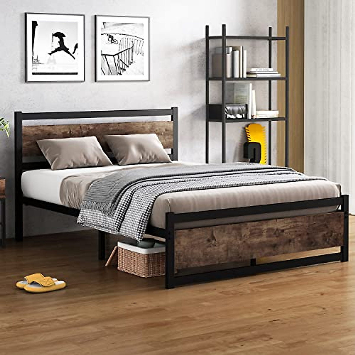 EKRISON King Size Bed Frame with Wooden Headboard, No Box Spring Needed, Heavy Duty Metal Bed Frame, Strong Slat Support, Mattress Foundation, Twin XL/Queen/King (King)
