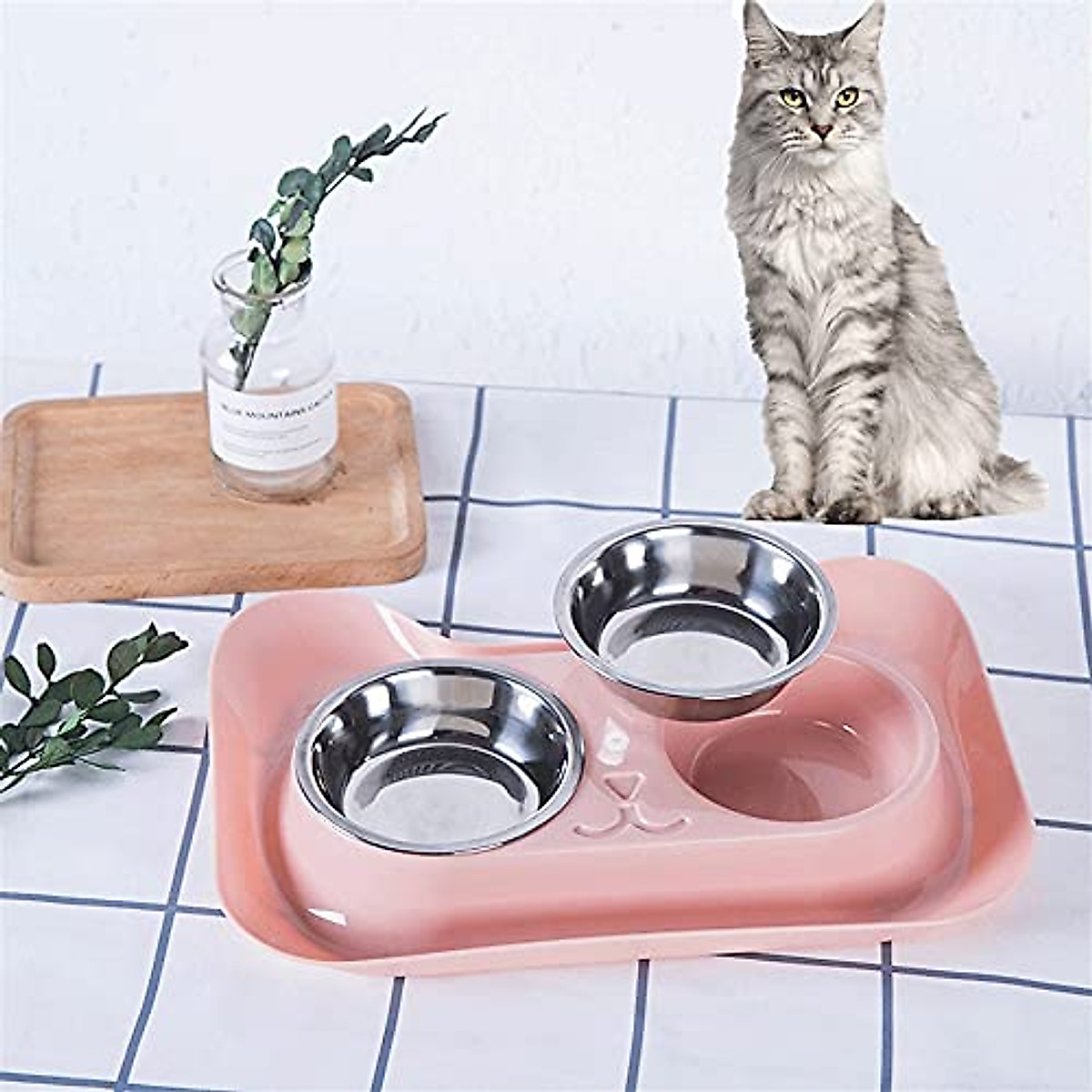 FUUIE Bowls for Food and Water Double Dog Cat Bowls Cute Cat Shaped Food Water Feeder for Small Dogs Cats Feeding Stainless Steel Pet Bowl Supplies (Color : Blue)