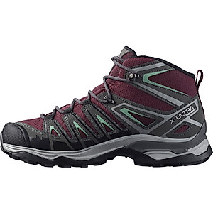 Salomon X Ultra Pioneer MID CLIMASALOMON Waterproof Hiking Boots for Women Trail Running Shoe, Wine Tasting/Magnet/Granite Green, 5