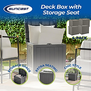 Suncast 22 Gallon Indoor or Outdoor Backyard Patio Small Storage Deck Box with Attractive Bench Seat and Reinforced Lid, Stone (4 Pack)