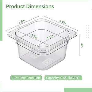 Lnrueg 12 PCS Plastic Clear Food Pans with Non-slip Bottom, 1/6 Size 4 Inch Deep Stackable Acrylic Deep Food Storage Pan for Fruits, Vegetables, Desserts,6.9''x6.3''x4''