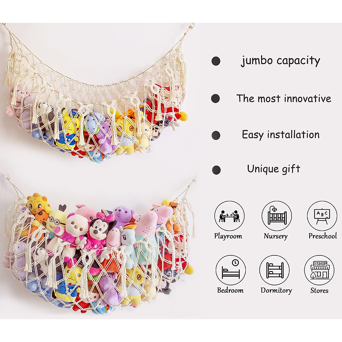 Stuffed Animal Net or Hammock -Wall Mounted-Handmade Macrame Toy Hammock Organizer Stuffed Animal Display Plush Toys Holder Boho Decor for Nursery Playroom Bedroom Kids Room Storage 1