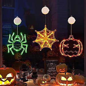 Halloween Decorations,5 Packs with Pumpkin,Ghost,Spider,Witch's Hat,Spider Web Halloween Window Lights with Suction Cup & Hooks,Battery Operated Indoor Window Hanging Lights for Night Window Decor