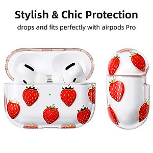 AKABEILA Apple Airpods Pro Case Cover for Women,Compatible with Apple Airpods Pro Case Clear with Designs Patterns Hard PC Shockproof [Front LED Visible ] Anti-Fall Full Protector, Strawberry