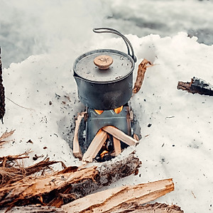 Überleben Kessel - Camping Kettle Pot with 37Fl Oz (1.1L) Capacity, Hanger Handle, Natural Hardwood Grip, Locking Lid, & Steam Vents - Available in Stainless Steel or Titanium - Includes Canvas Bag