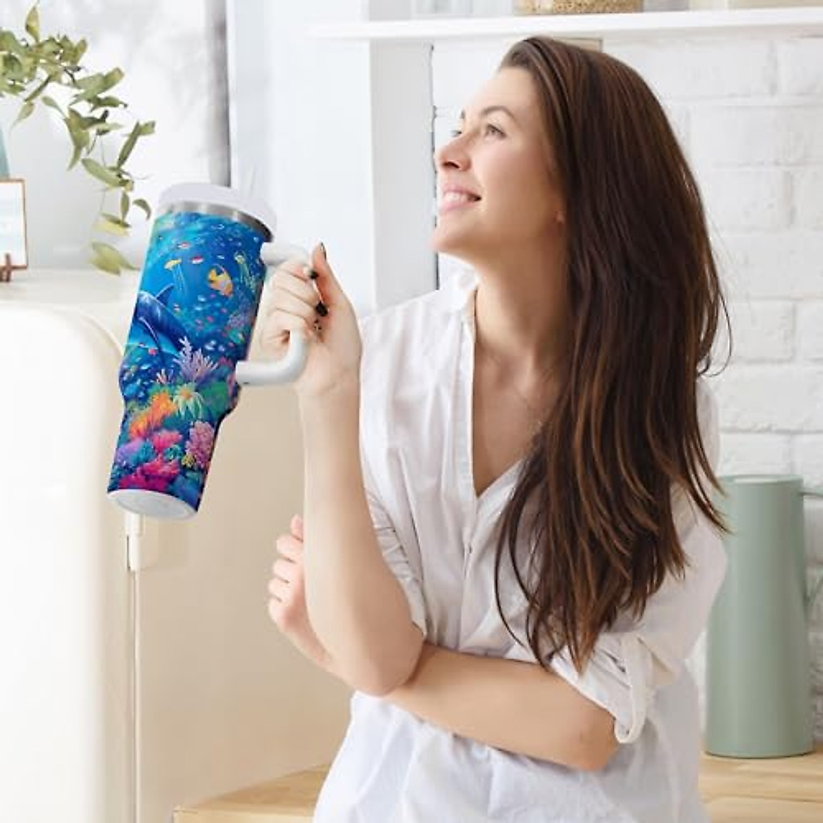 ODAWA a Vibrant and Colorful Underwater Scene Filled with Travel Coffee Tumbler with Straw and Lid Travel Mug 30 Oz Stainless Steel Cups