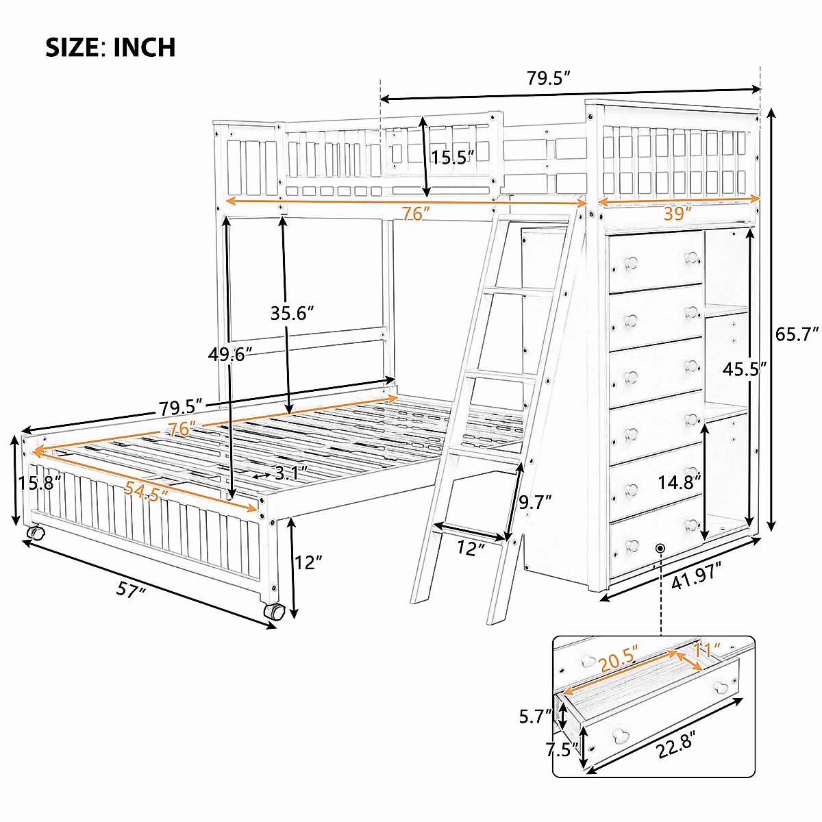 Harper & Bright Designs Twin Over Full Bunk Bed with 6 Storage Drawers and 3 Shelves, Wood Twin Loft Bed with Movable Lower Bed, No Box Spring Needed(Gray, Bottom Bed with Wheels)
