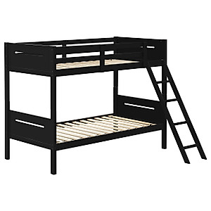 Coaster Home Furnishings Littleton Transitional Wood Twin Over Twin Size Bunk Bed Frame with Ladder and Guardrails Fully Slatted Mattress Ready Foundation Black 405051BLK