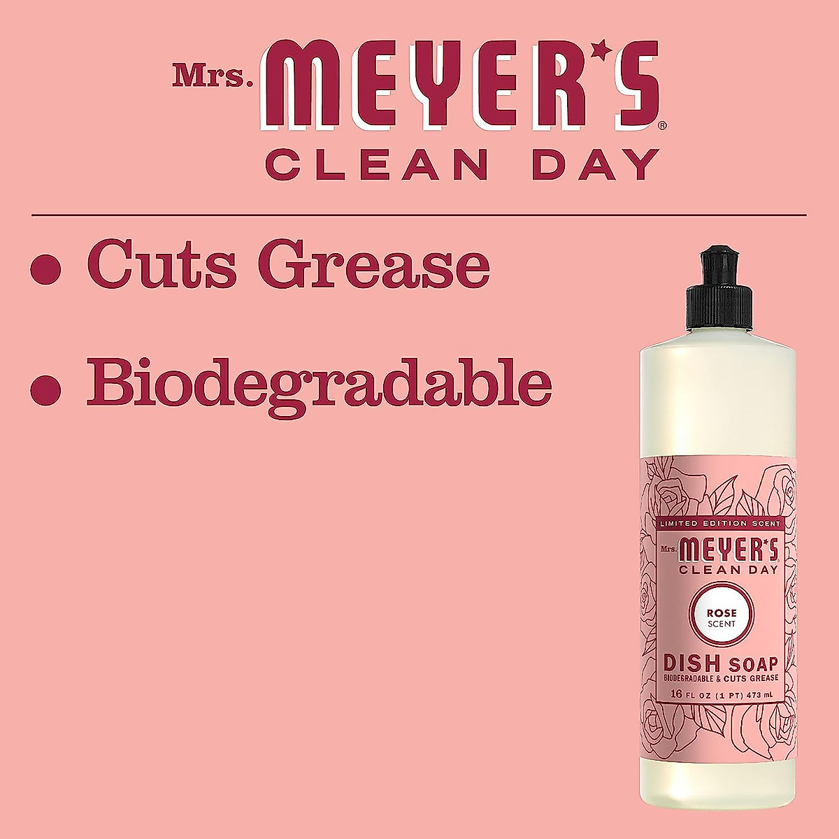Mrs. Meyer's Liquid Dish Soap Rose Scented, 16 OZ. (Pack of 6)