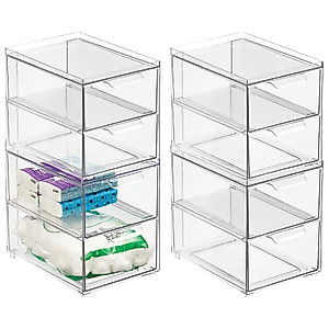 mDesign Stackable Storage Containers Box with 2 Pull-Out Drawers - Stacking Plastic Drawer Bins for Master or Guest Bathroom, Linen Closet, Vanity, Makeup Table Lumiere Collection 4 Pack, Clear