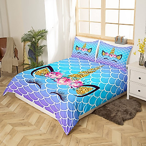 Unicorn Cute Eyelash Duvet Cover Set King Size,Mermaid Scale Glitter Sequins Bedding Set 3pcs for Kids Girls Woman Room Decor,Blue Gradient Princess Comforter Cover,Glamour Quilt Cover,2 Pillowcases