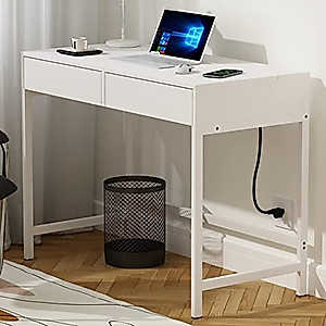 Treocho Computer Desk with USB Charging Ports and Power Outlets, Modern Simple 40 inch White Desk with 2 Drawers, Vanity Desk, Makeup Table for Home Office, Bedroom