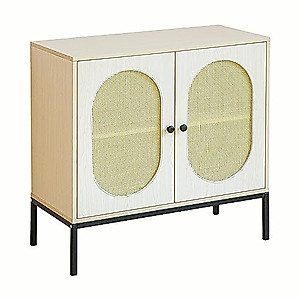 EMKK Sideboard Buffet, Kitchen Storage Rattan Decorated Doors, Liquor Cabinet, Dining Room, Hallway, Cupboard Console Table, Accent Cabine, Natural Wood