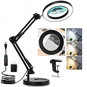 Magnifying Glass with Light and Stand, Veemagni 5X Real Glass 2-in-1 Desk Lamp & Clamp, 3 Color Modes Stepless Dimmable, LED Lighted Magnifier with Light for Hobby Reading Crafts Repair Close Works