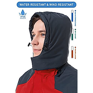 Men's Mountain Waterproof Ski Jacket Windproof Rain Jacket Winter Warm Snow Coat II with Removable Hood U120WCFY028,Red,L