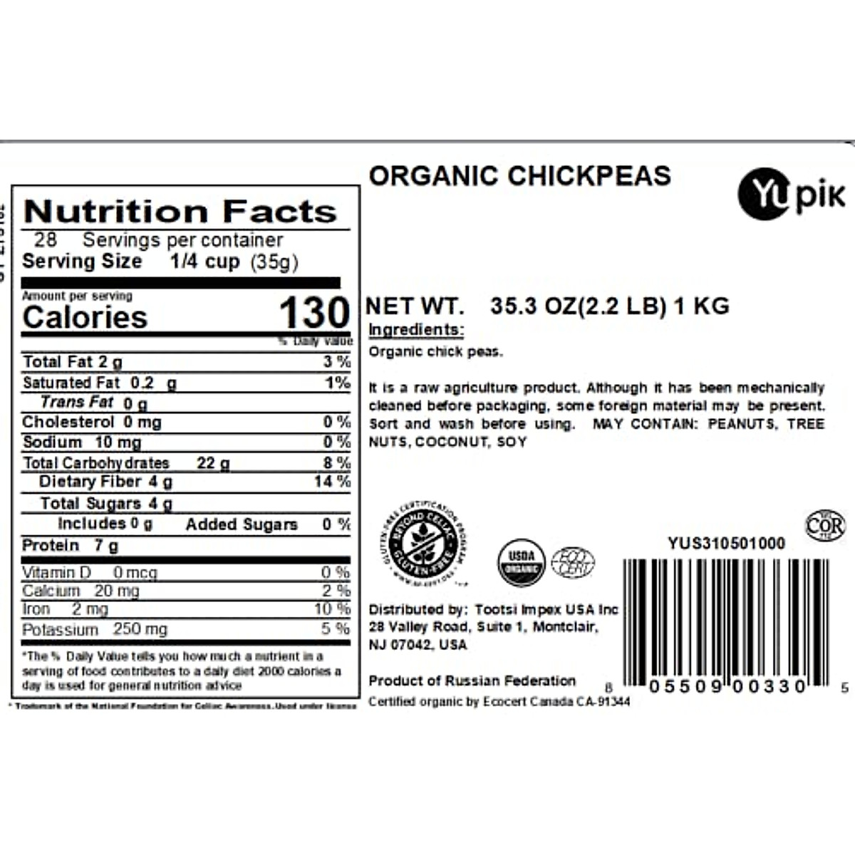 Yupik Organic Raw Chickpeas, 2.2 lb, Non-GMO, Vegan, Gluten-Free, Pack of 1