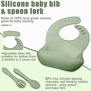 16 Pack Baby Feeding Supplies Set, Silicone Baby Led Weaning Suction Plates and Bowls Silicone Bibs Anti Slip Placemat Baby Spoons Forks Snack Cups, Toddler Eating Utensil Set (Green, Light Gray)