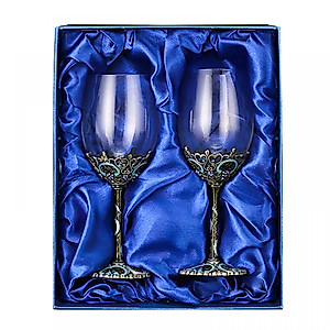 Wine Glasses Clear Handcrafted Champagne Glasses Red Wine Glasses Set of 2 Enamel Floral Goblets (Blue)