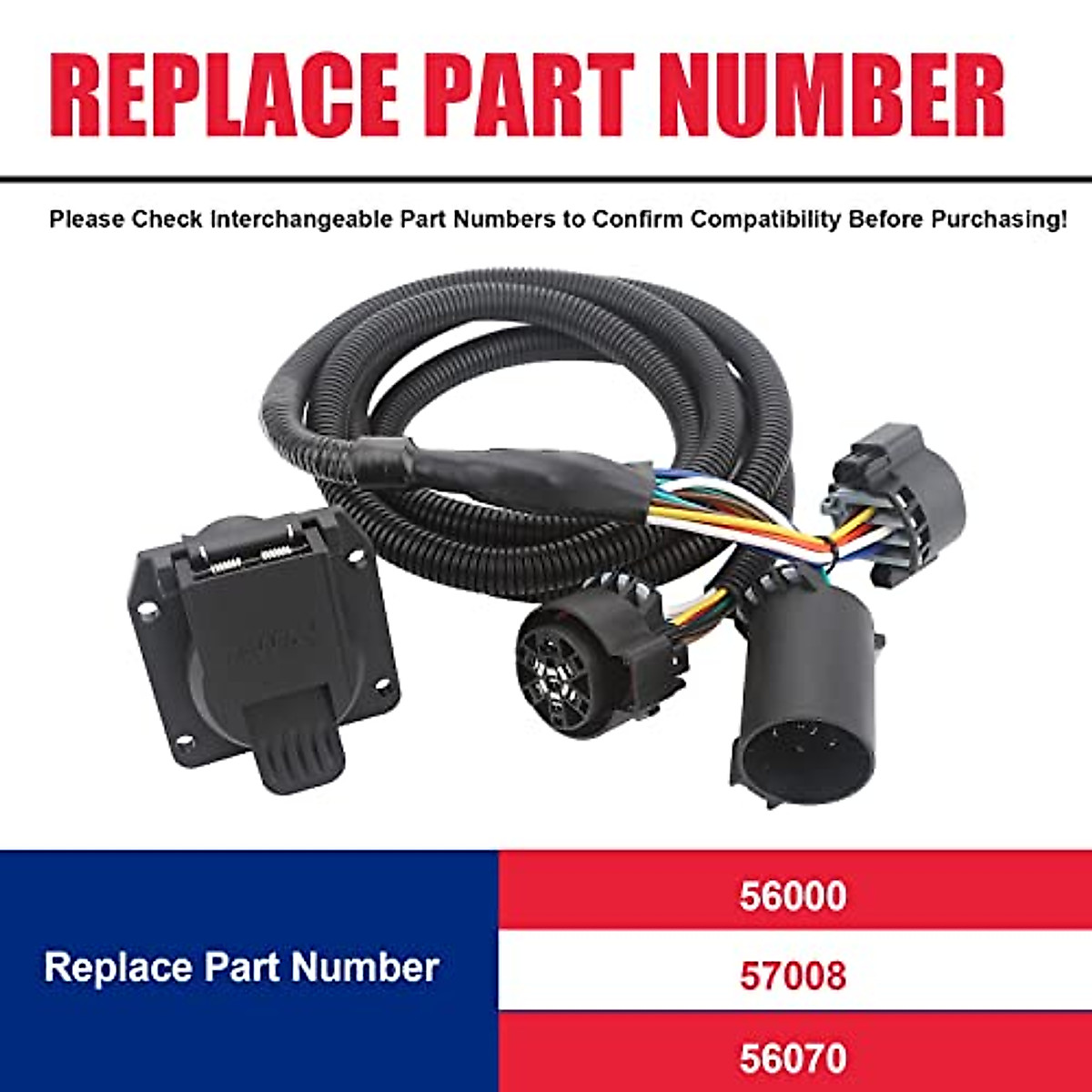 VASTAUTO 56070 7-Foot 7-Pin Trailer Wiring Harness Extension with Connector for Vehicle-Side Truck Bed,Fit for Chevy Dodge Ram GMC Ford Toyota Nissan