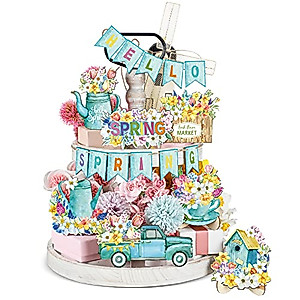 18 Pieces Hello Spring Tiered Tray Decor Easter Tiered Tray Decorations Fresh Flower Market Wooden 3D Sign Farmhouse Mini Spring Decor for Holiday Kitchen Home Easter Spring Party Decor(Null)
