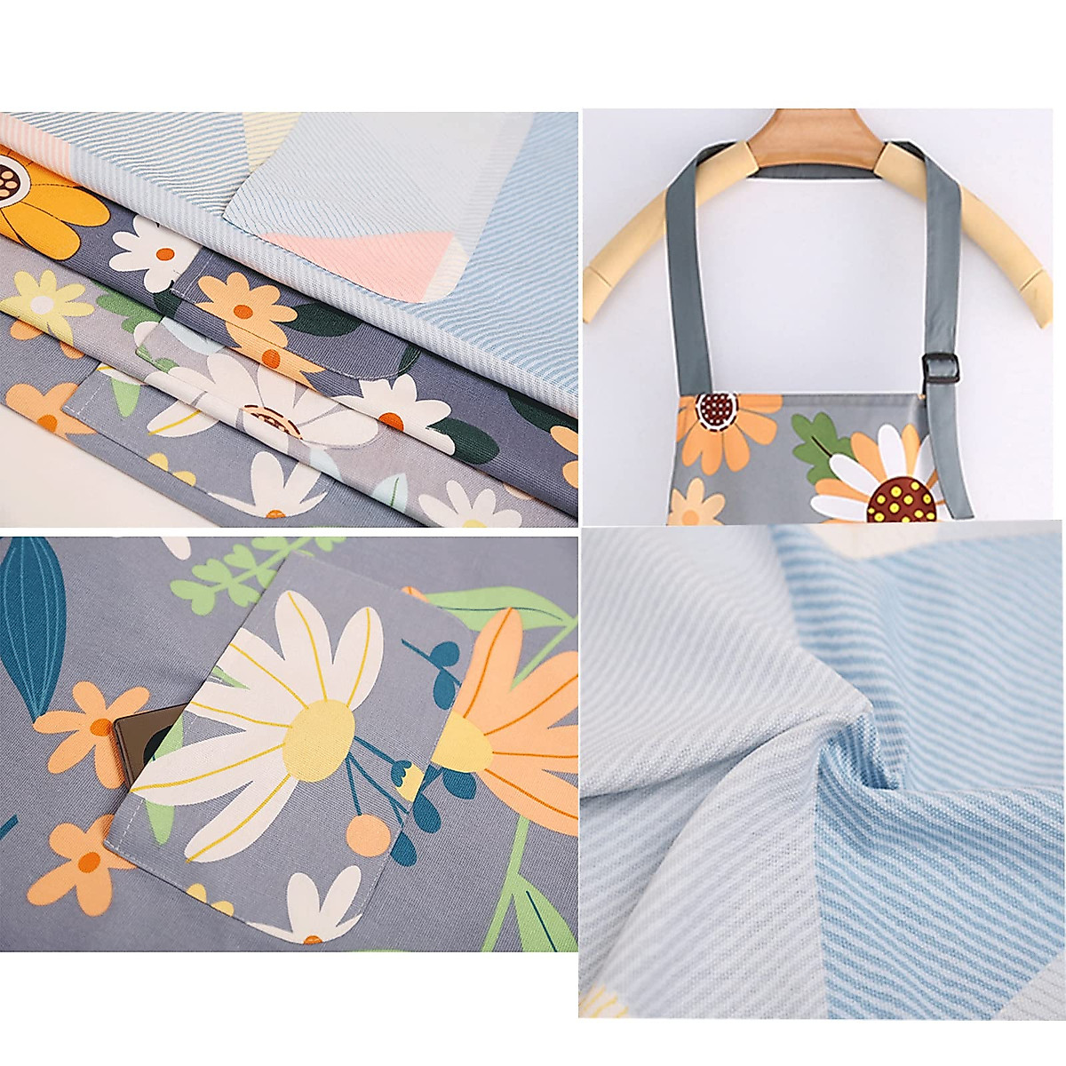 2 Packs Kitchen Bib Aprons for Women with Pockets Cute Sunflower Floral Blue Grey Adjustable Cotton Canvas Flower Chef Cooking Apron for Cooking Baking Gardening Birthday Gifts for Mom Wife Grandma