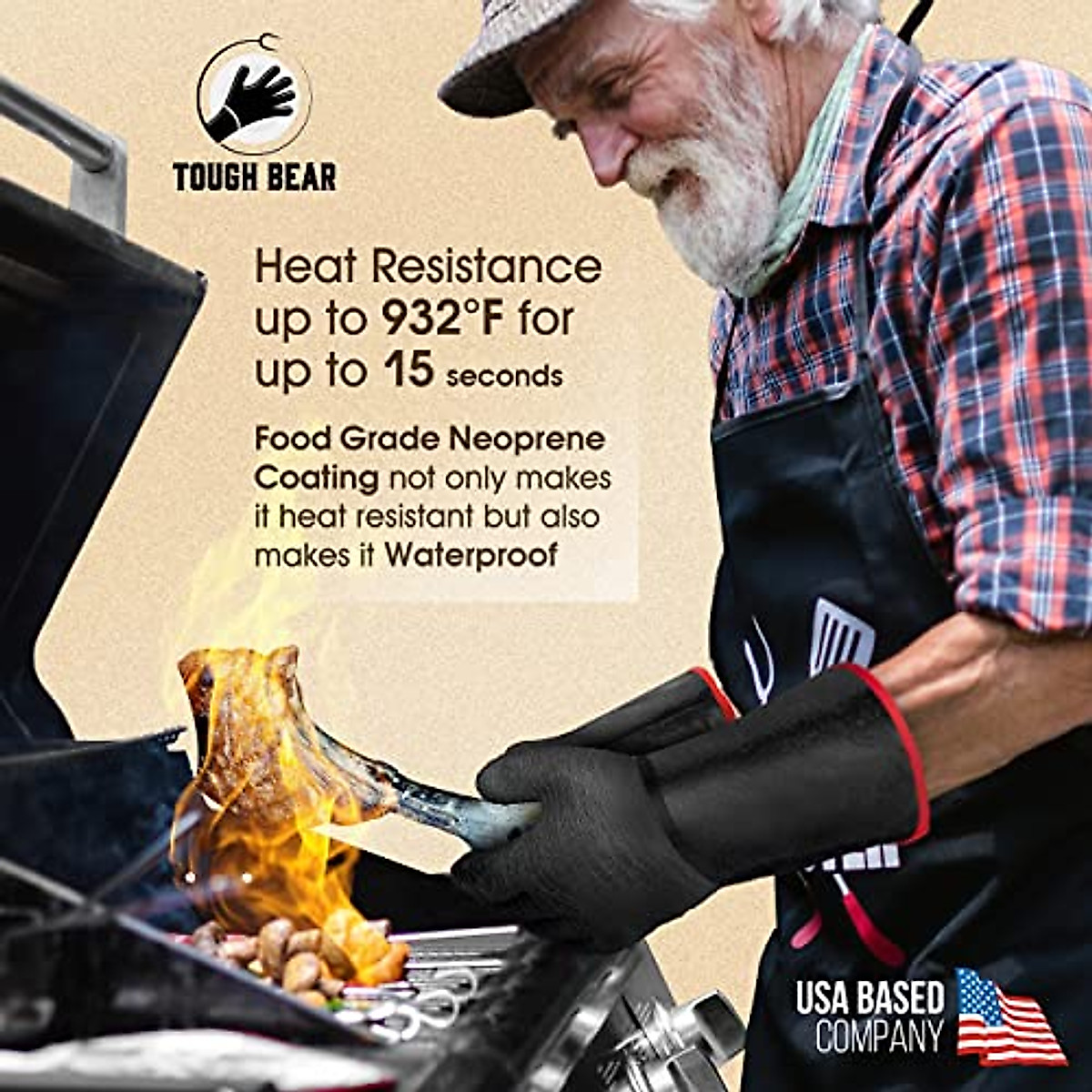 Heat Resistant Neoprene Black Gloves for BBQ - 932°F Tolerance - Waterproof & Oil Resistant - Grilling Mitts for Men & Women - High Heat Fireproof Gloves for Cooking - Baking Grilling Camping