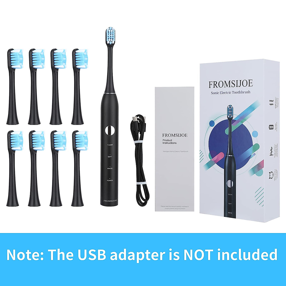 FROMSIJOE Sonic Electric Toothbrush,Ultra Whitening Toothbrush with 8 Brush Heads & Travel Case,3 Modes,2 Minutes Smart Timer,3 Hours Fast Charge for 30 Days-8 Dupont Brush Heads Included-Black