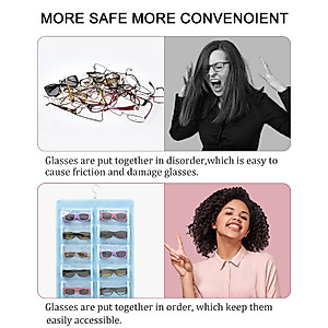 Khikily Hanging Jewelry Organizer, Dust Proof Eyeglasses Holder with 32 Clear Slots, Sunglasses Organizer Storage Wall Mounted, Sunglasses Display With 360-Degree Rotating Hook (Blue)