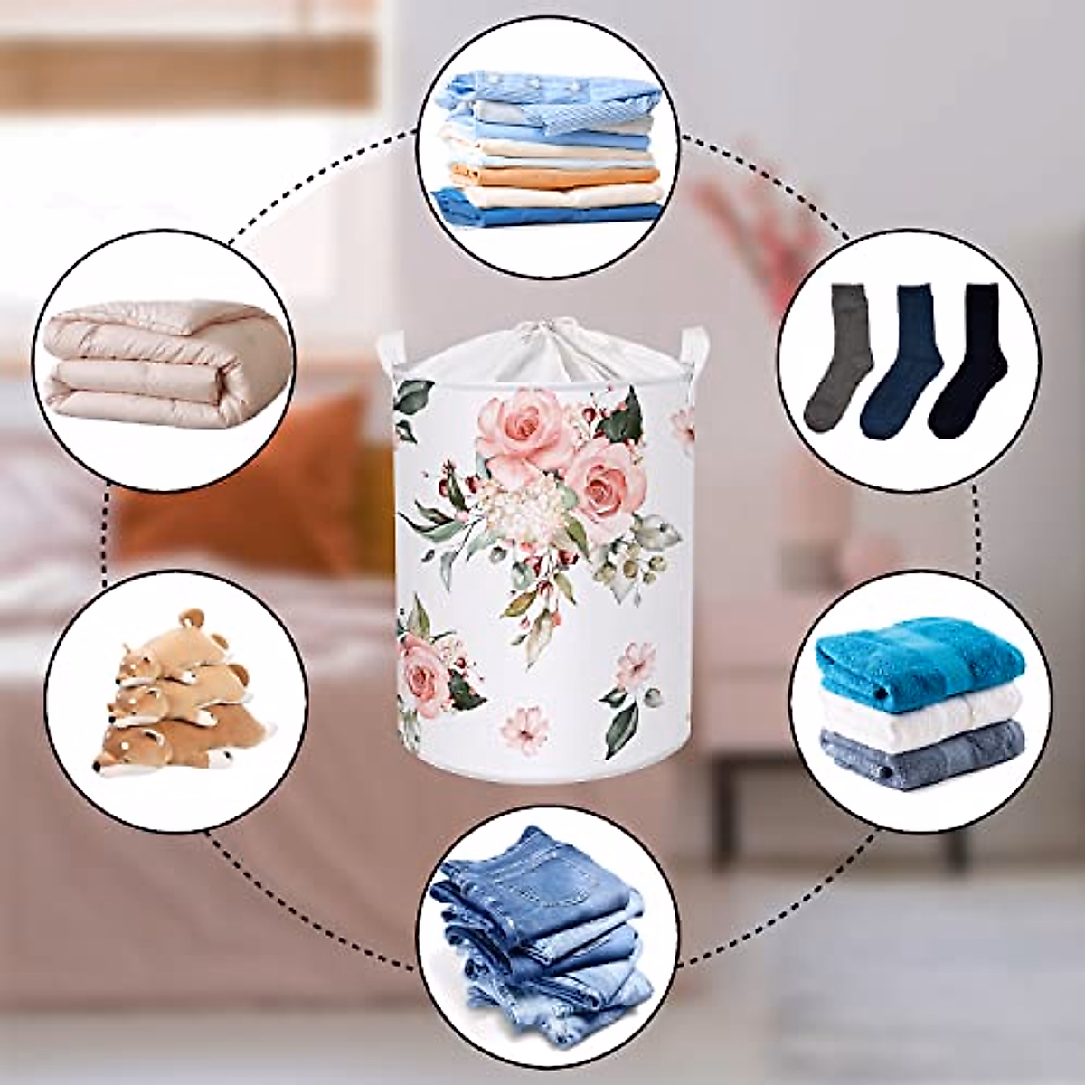 Clastyle 45L Pink Large Flowers Collapsible Laundry Basket with Drawstring Spring Summer Blooming Plant Pattern Laundry Hamper Bedroom Bathroom Waterproof Storage Basket with Handle, 14 * 17.7 in