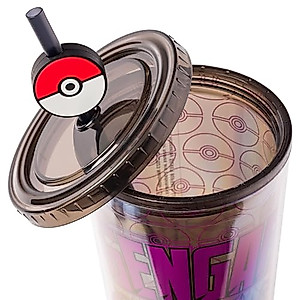 Silver Buffalo Pokemon Plastic Cold Cup with Lid and Straw Topper Featuring Genger, 24 Ounces
