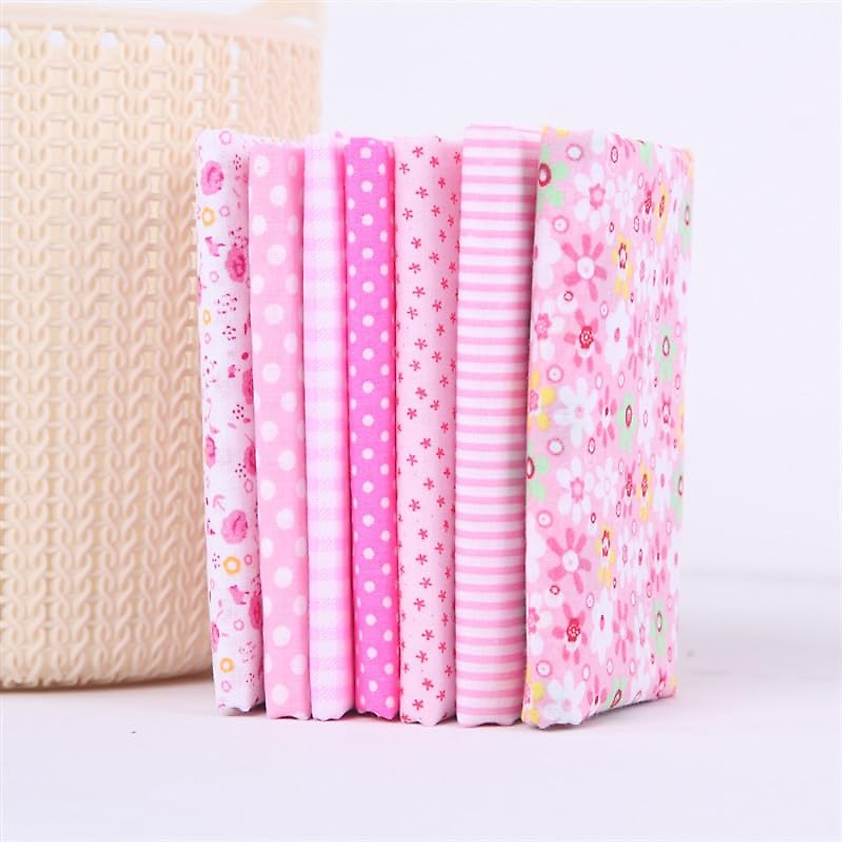 7Pcs Top Pink Cotton Craft Fabric Bundle Squares Patchwork DIY Sewing Scrapbooking Quilting Floral Dot Pattern Craft and Hobby Fabric 10" x 10" (25cm x 25cm)