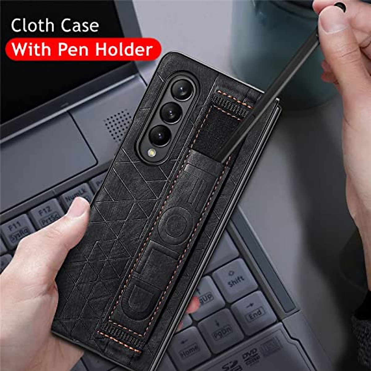 Omio Designed for Samsung Galaxy Z Fold 3 Leather Case with S Pen Holder & Strap, Wrist Strap Leather Back Cover Case Hard PC Shockproof Finger Grip Case for Galaxy Z Fold 3 Men Women Girls, Black