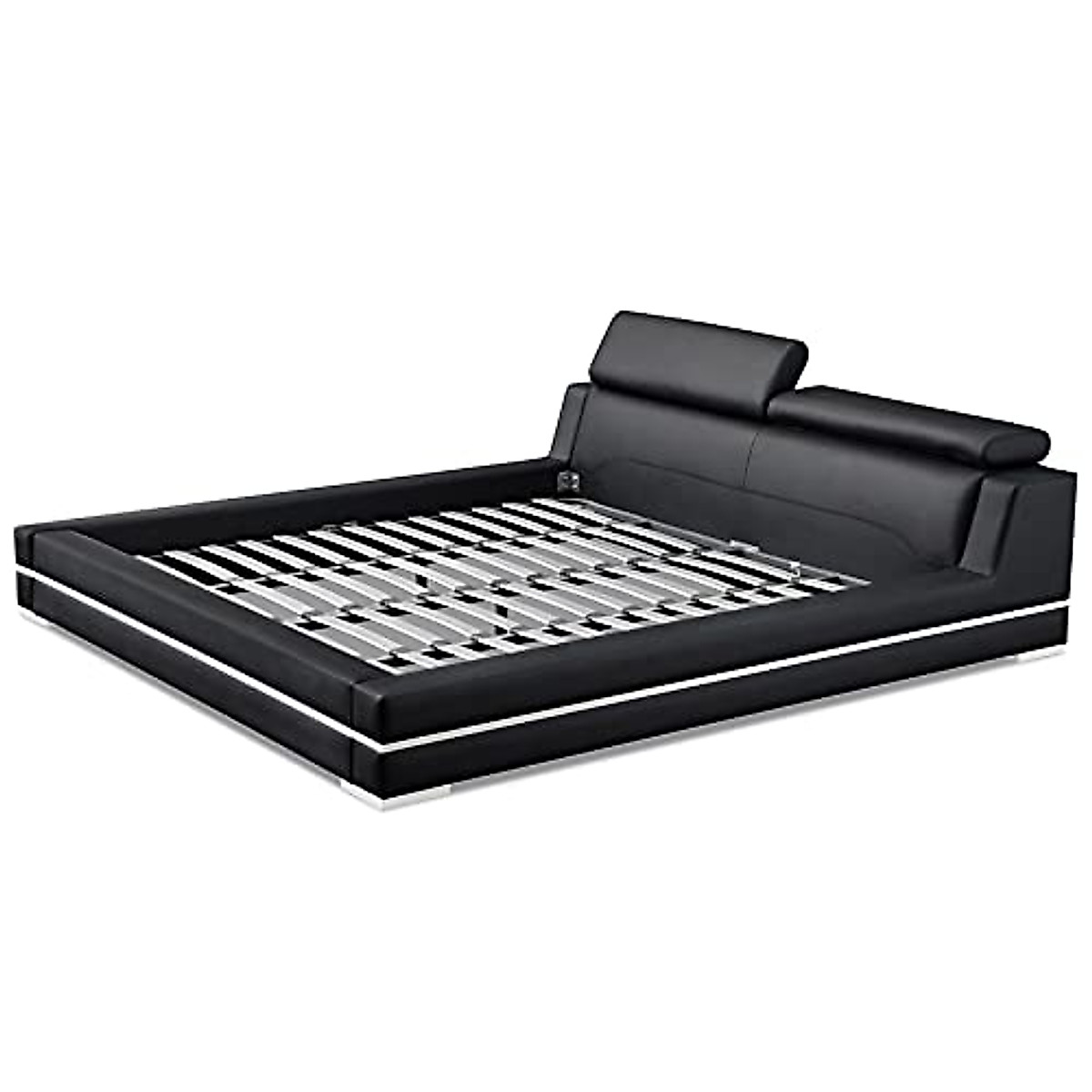ZURI Hera Genuine Black Leather Platform Bed with Adjustable Headrests - Queen